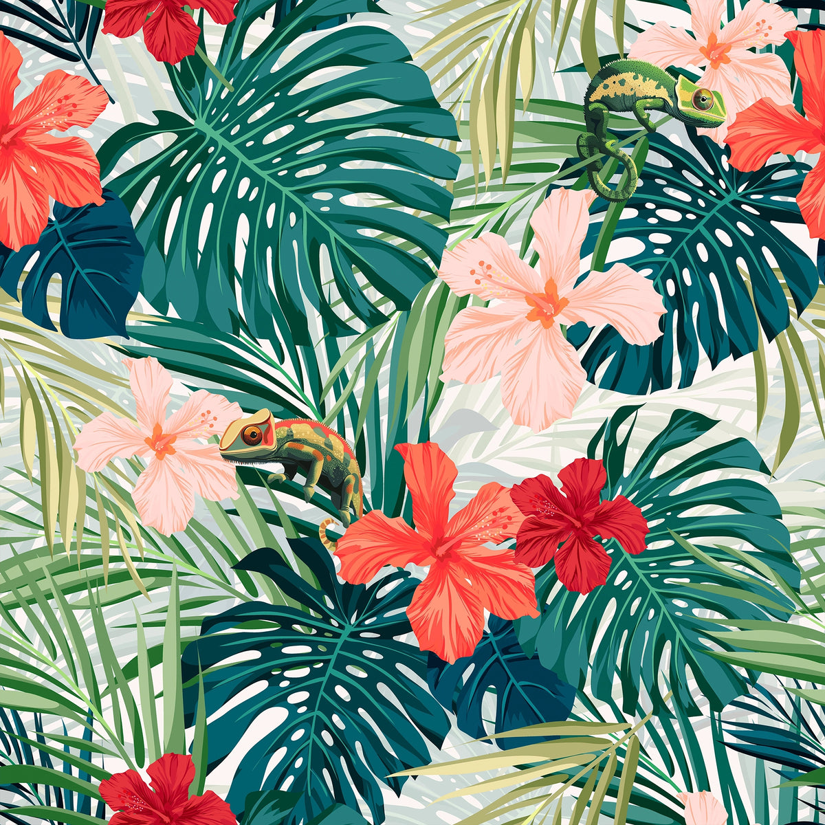 Calmer Chameleon Wallpaper in Tropical Green and Reds – Lust Home