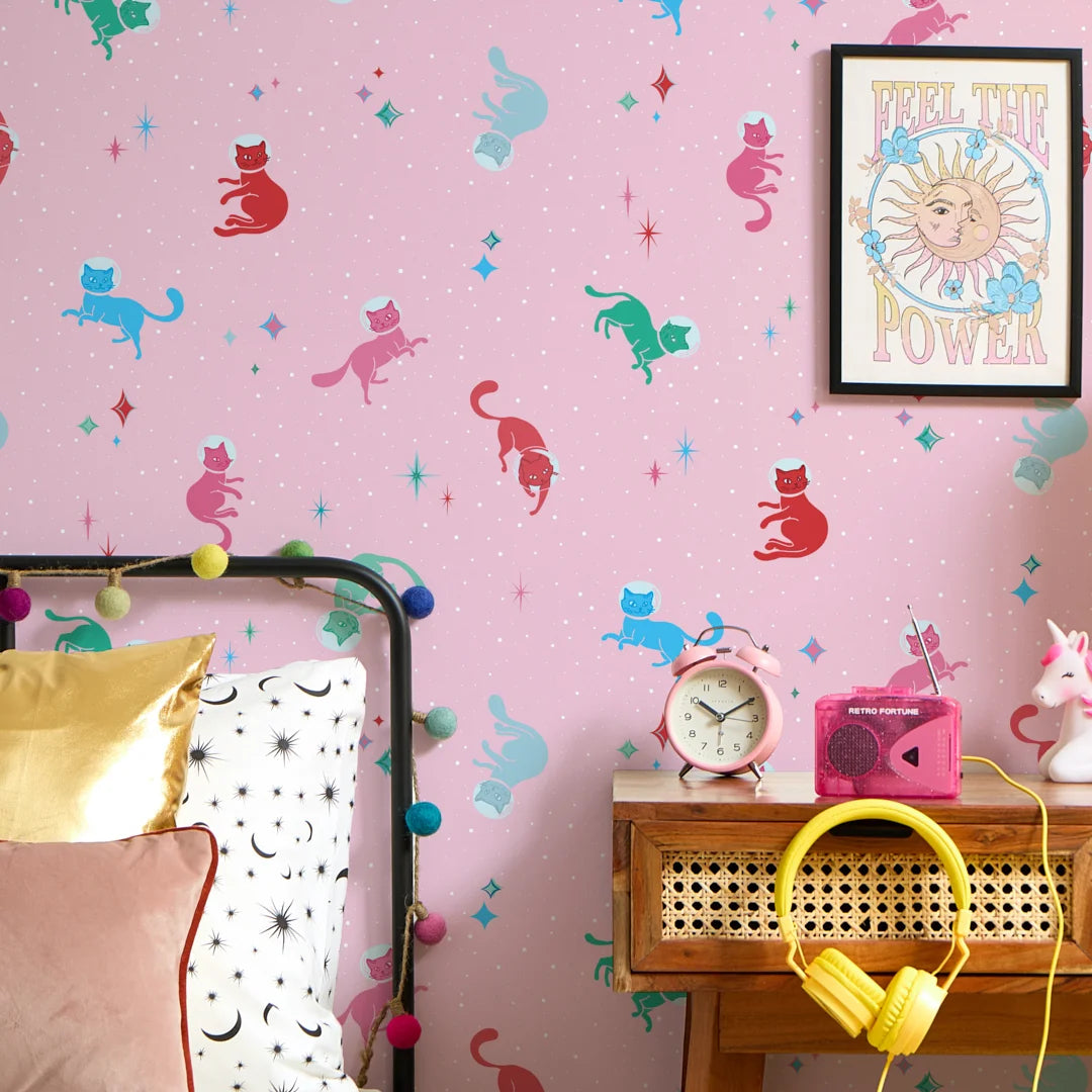 Cosmic Cats Wallpaper in Cherry Red and Teal Tabby on Powder Puff ...