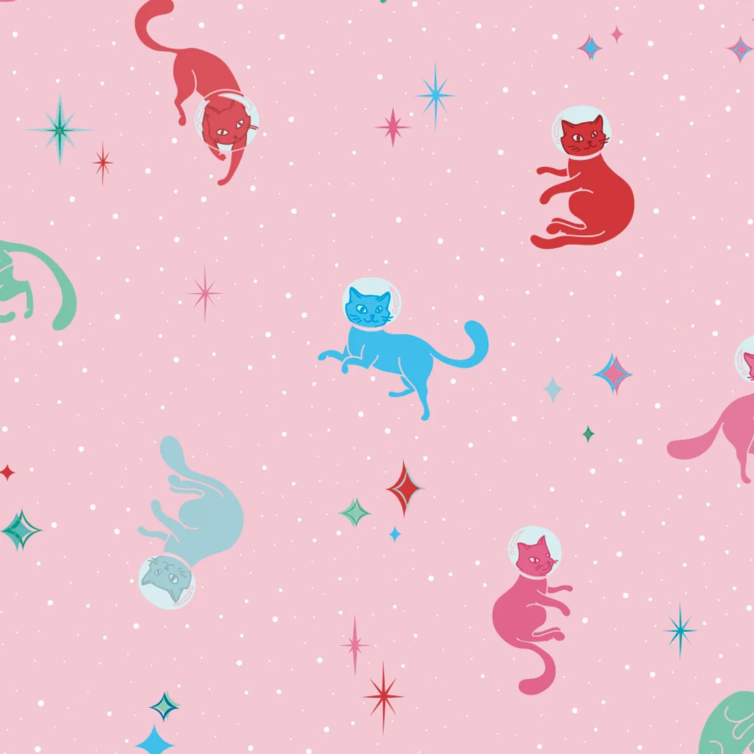 Sample of Cosmic Cats Wallpaper in Cherry Red and Teal Tabby on Powder ...