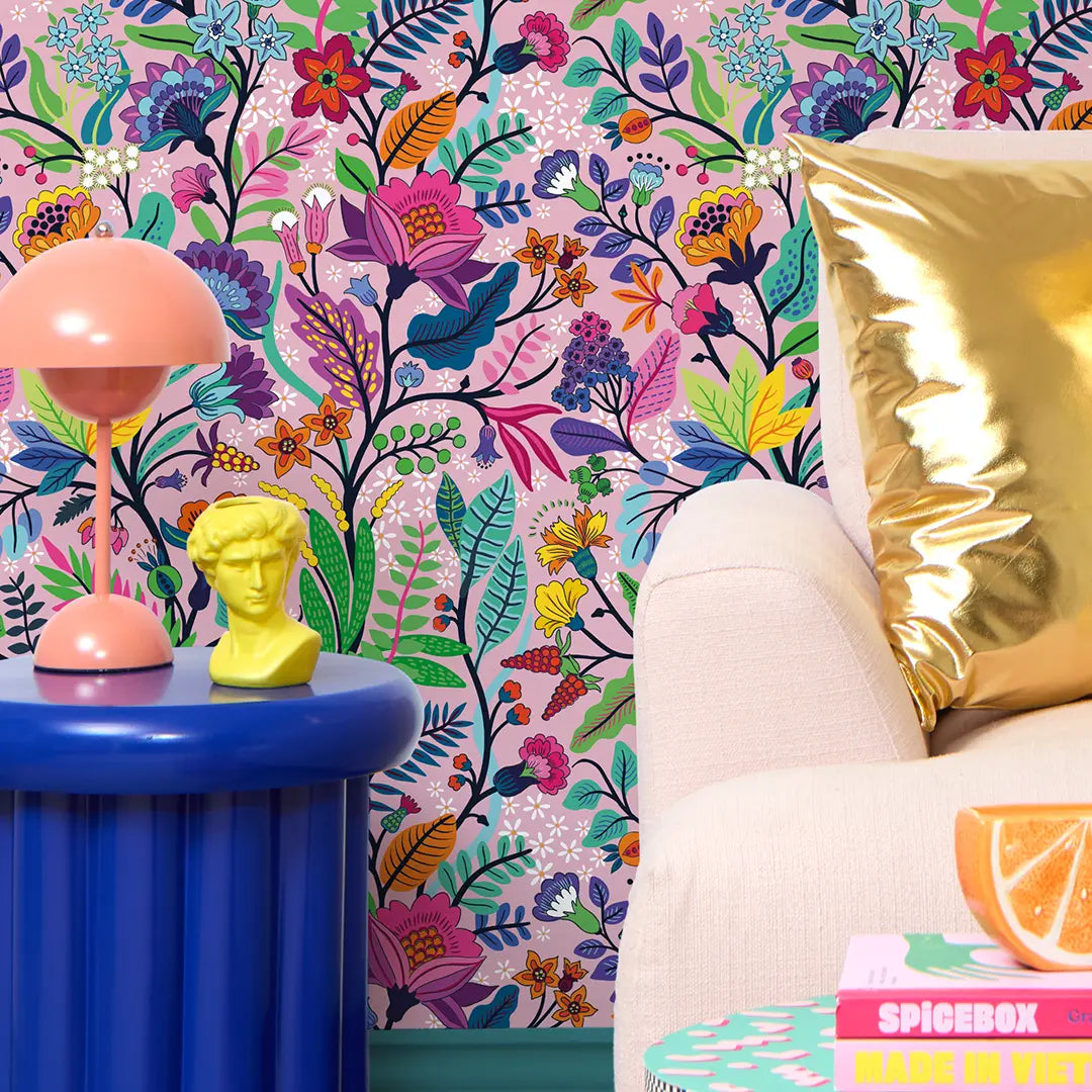 Eclectic Eden Wallpaper in Brights on Pansy Pink – Lust Home