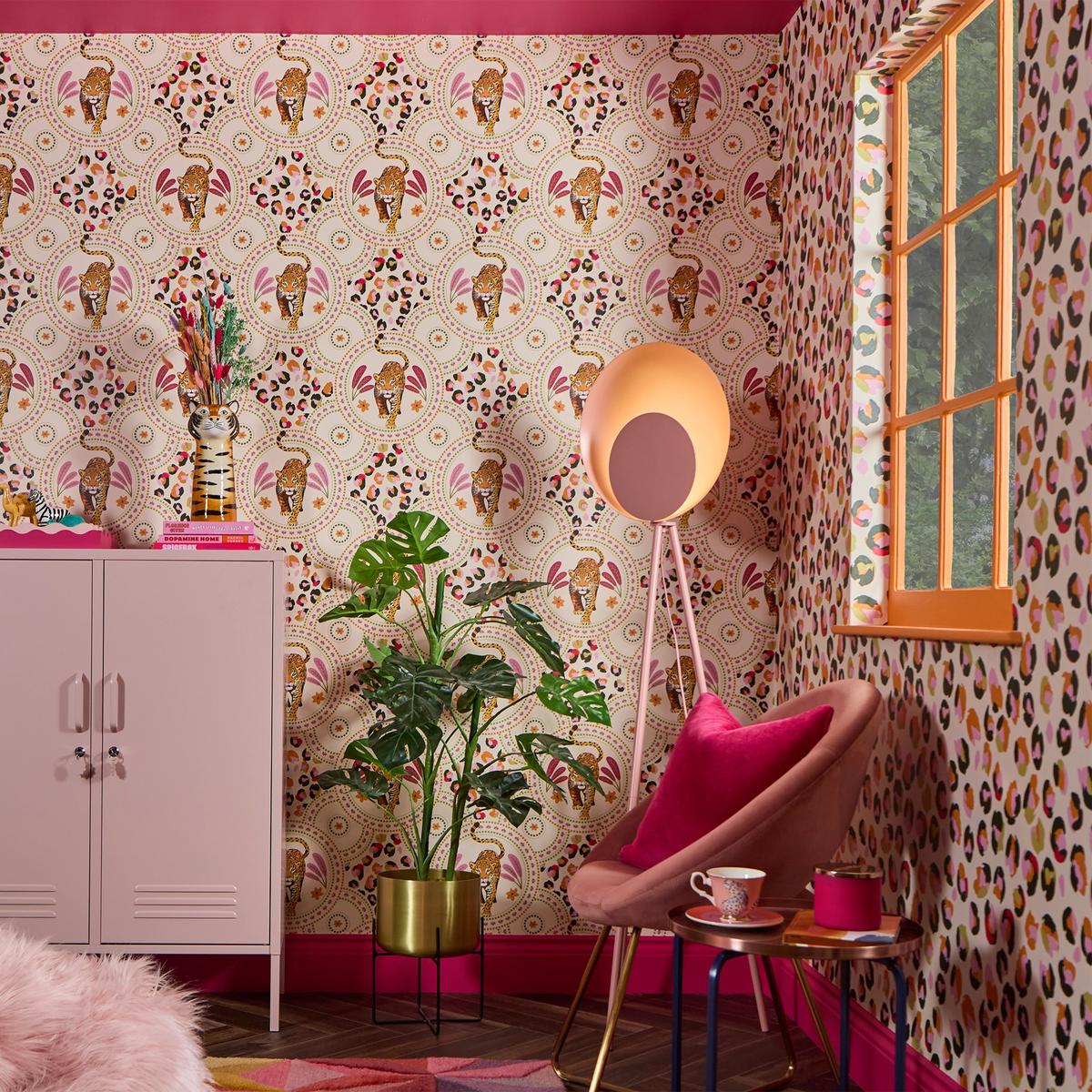 Silent Hunter Wallpaper in Pink and Orange on Cream – Lust Home