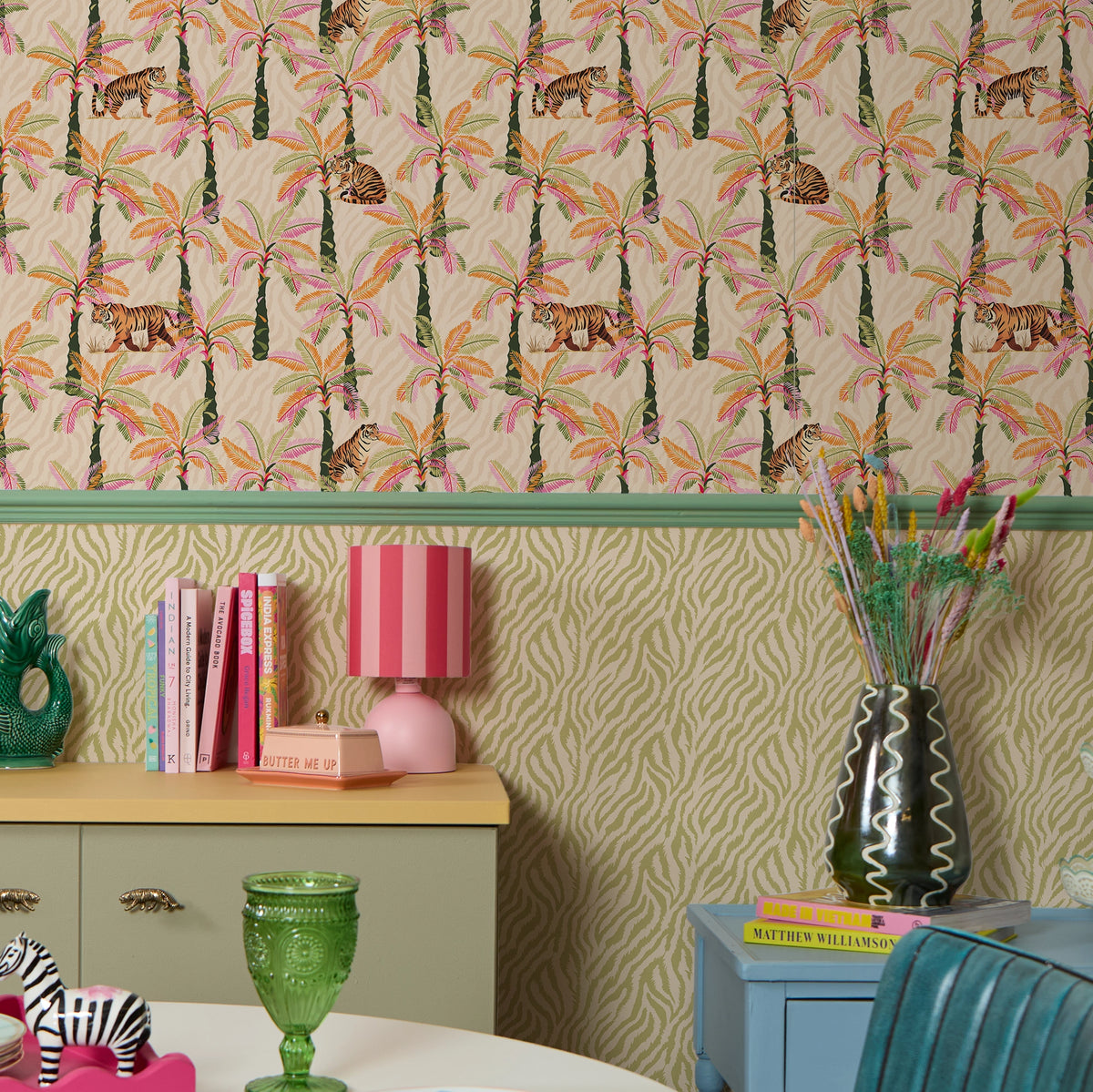 Tiger Palm Wallpaper in Pink, Orange and Green on Natural Tiger Stripe ...