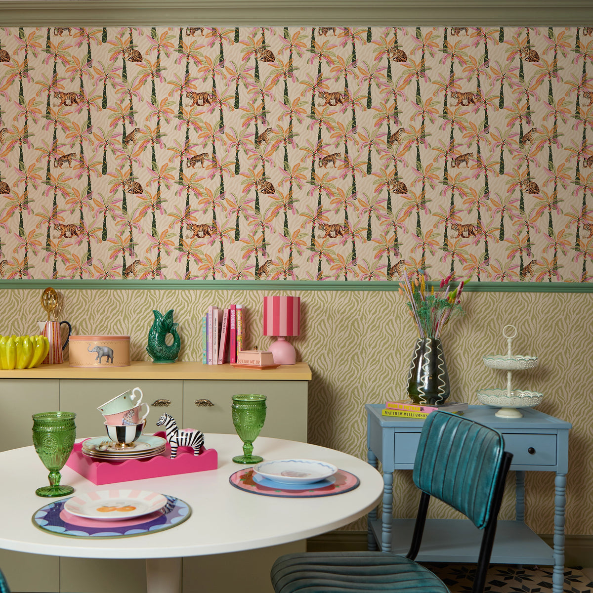 Tiger Palm Wallpaper in Pink, Orange and Green on Natural Tiger Stripe ...