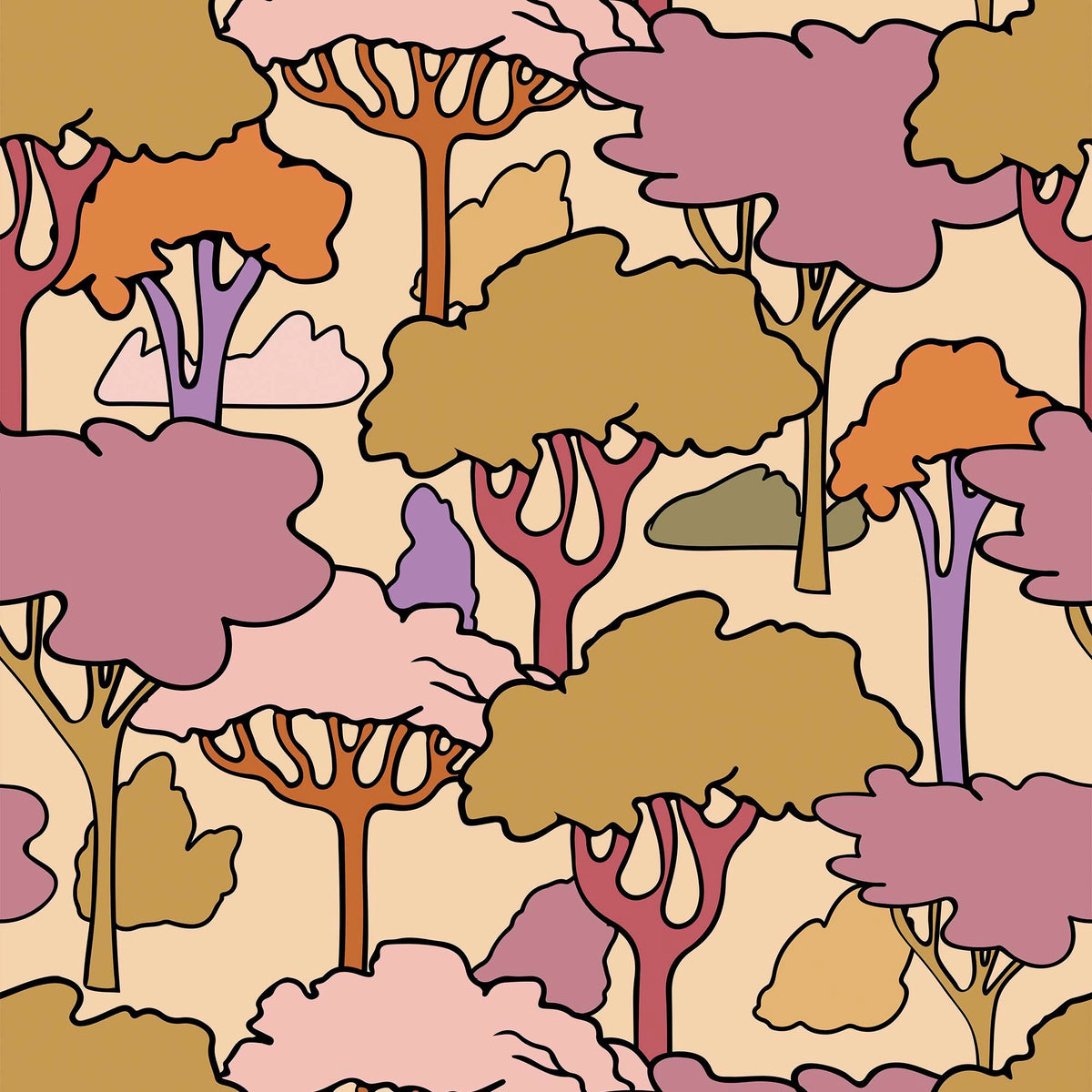 Woodstock Wallpaper in Olive Green, Earthy Orange and Grape – Lust Home