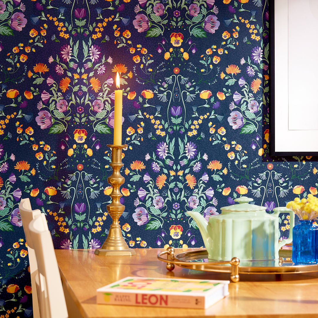 Forget Me Not Wallpaper in Navy, Pansy Purple, Fern and Citrus – Lust Home
