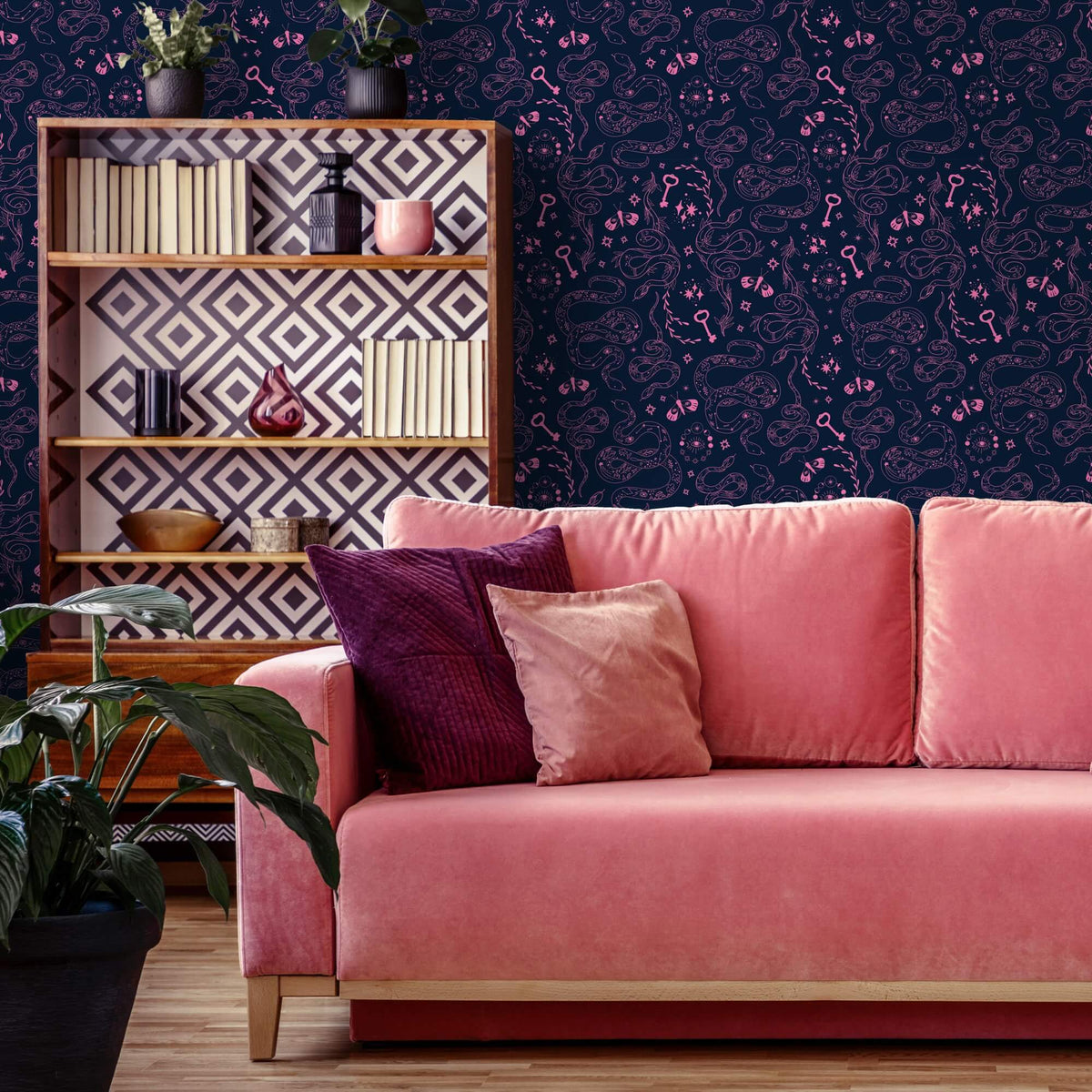 Medusa Wallpaper in Indigo Blue and Watermelon Pink | Lust Home
